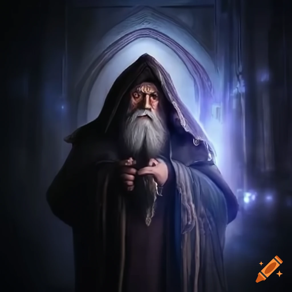 Illustration of a wizard standing in front of a portal