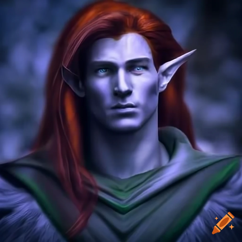 Image of a male elf wizard with purple-gray skin and red hair on Craiyon