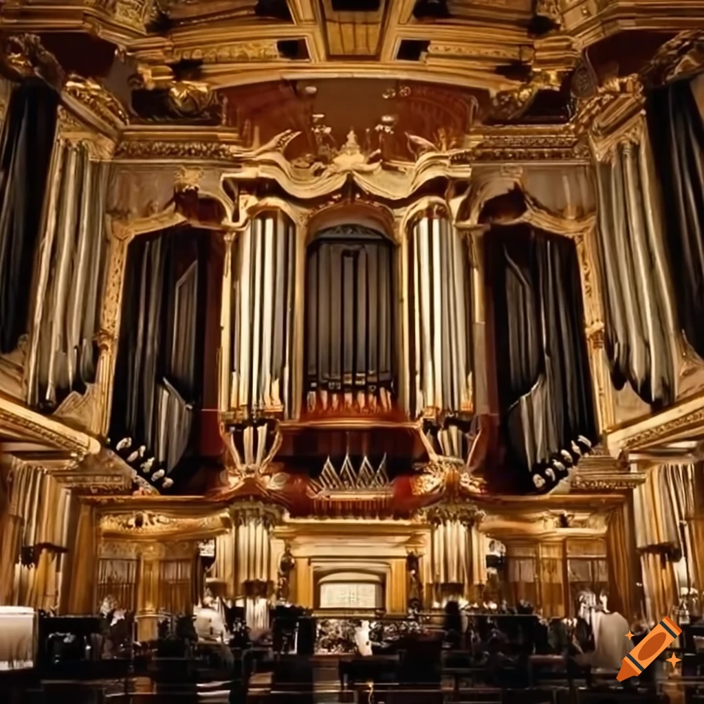 Stunning concert organ in a luxurious hotel lobby on Craiyon