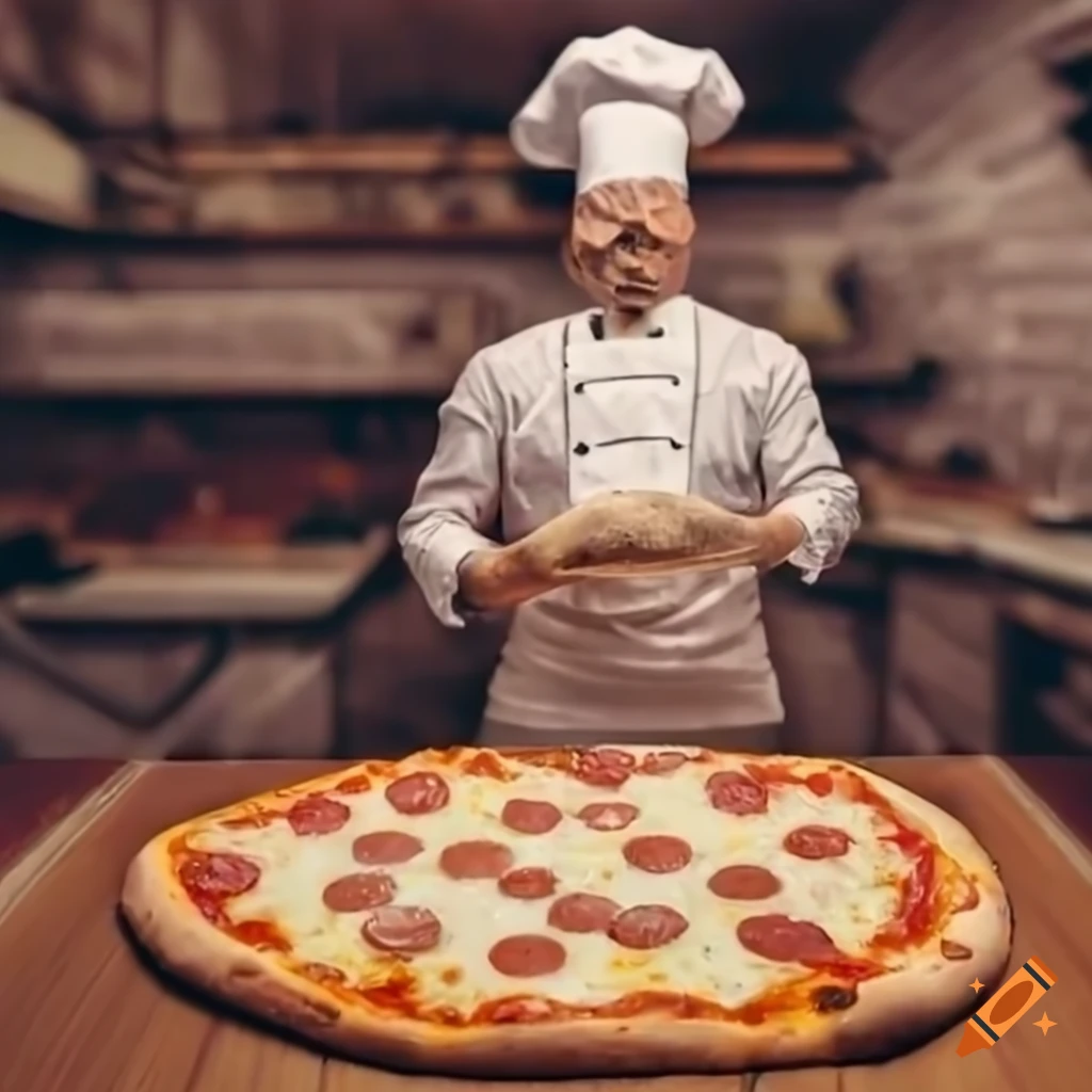 Scary pizza restaurant with a creepy chef cooking pizza on Craiyon