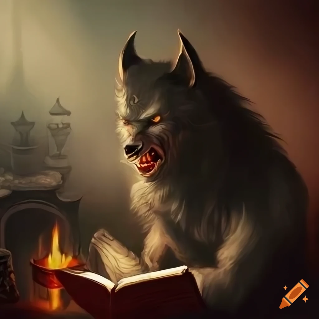 Image of a werewolf reading by the fireplace on Craiyon