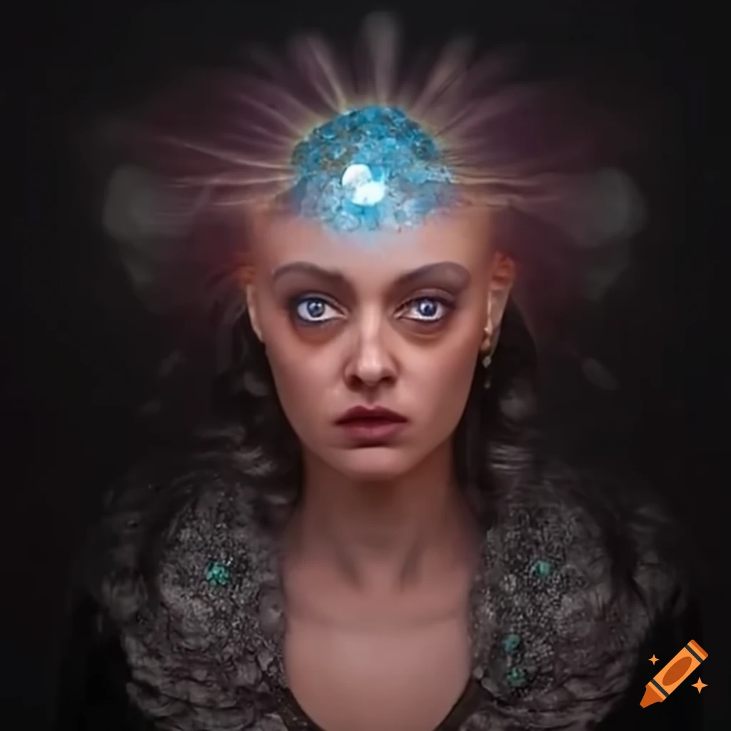 Artistic depiction of a bald woman with a third eye and crystals