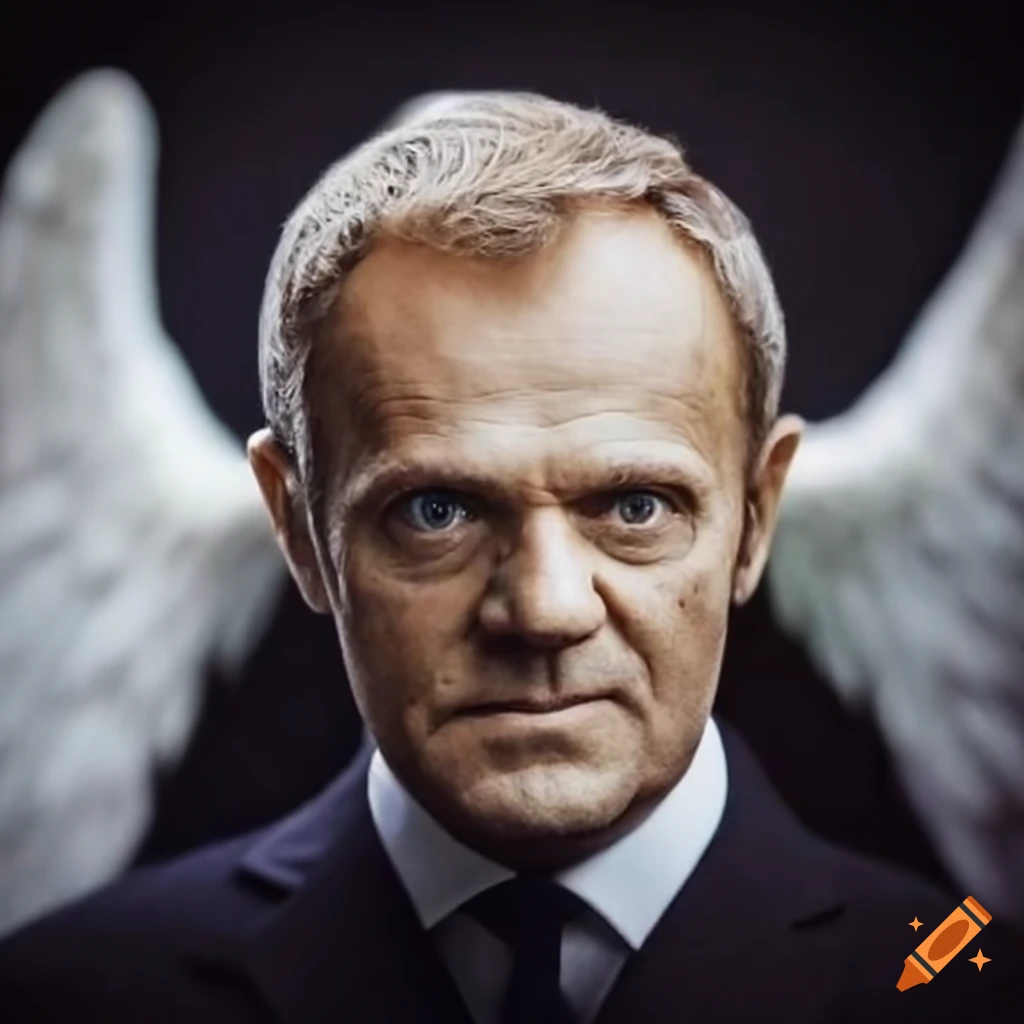 Satirical illustration of donald tusk as an angel on Craiyon