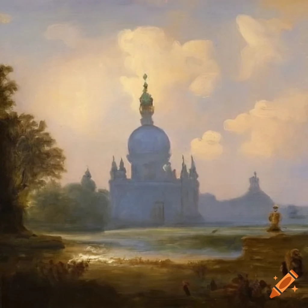 Neoclassical landscape painting with a house and running waters on Craiyon