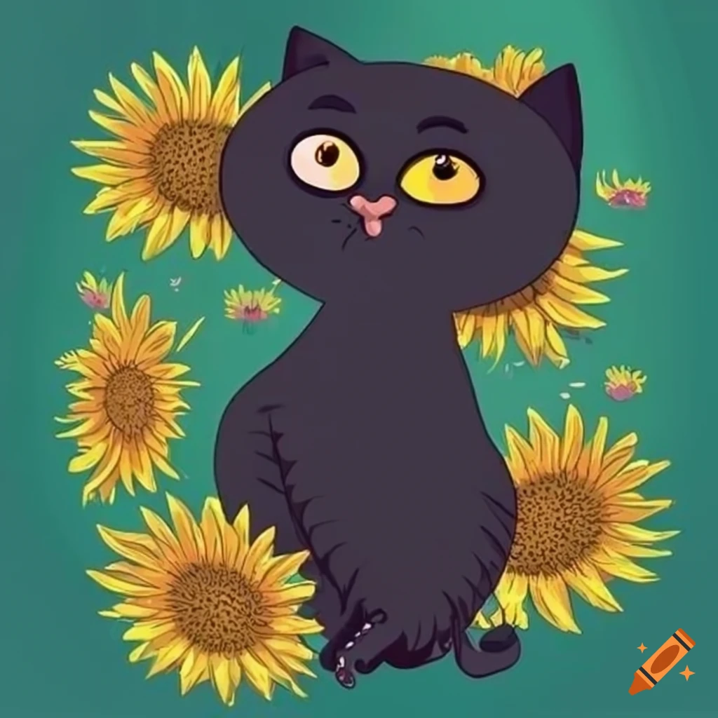 Cartoon black cat with sunflowers on Craiyon