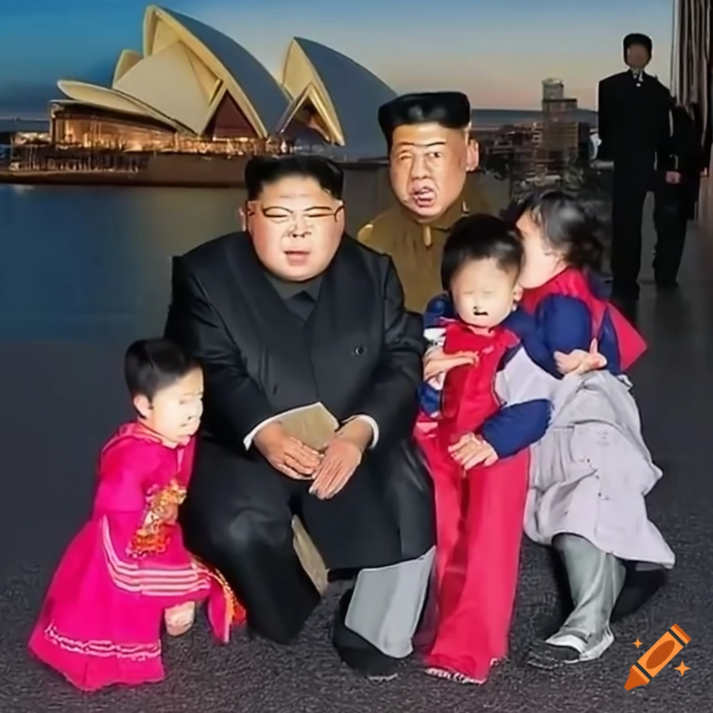 Kim Jong Un with children outside Sydney Opera House on Craiyon