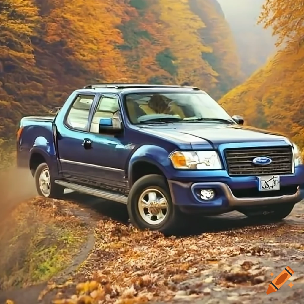 Fall scenery with a navy blue ford sport trac pickup truck on Craiyon