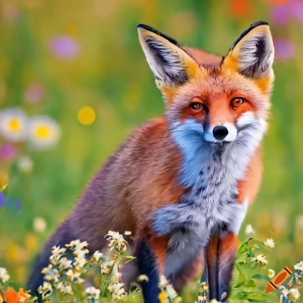 Colorful field with a fox sitting