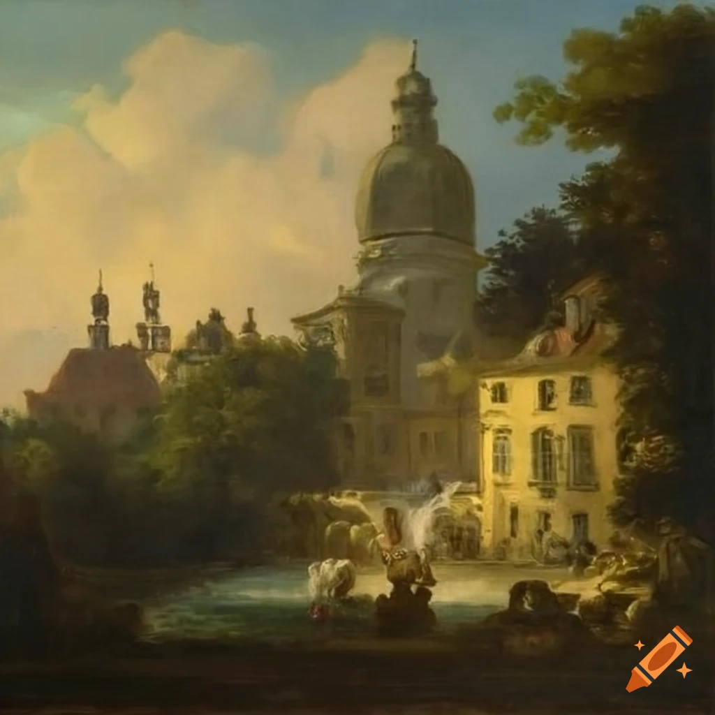 Neoclassical landscape painting with a house, fountain, and Nordic sky ...