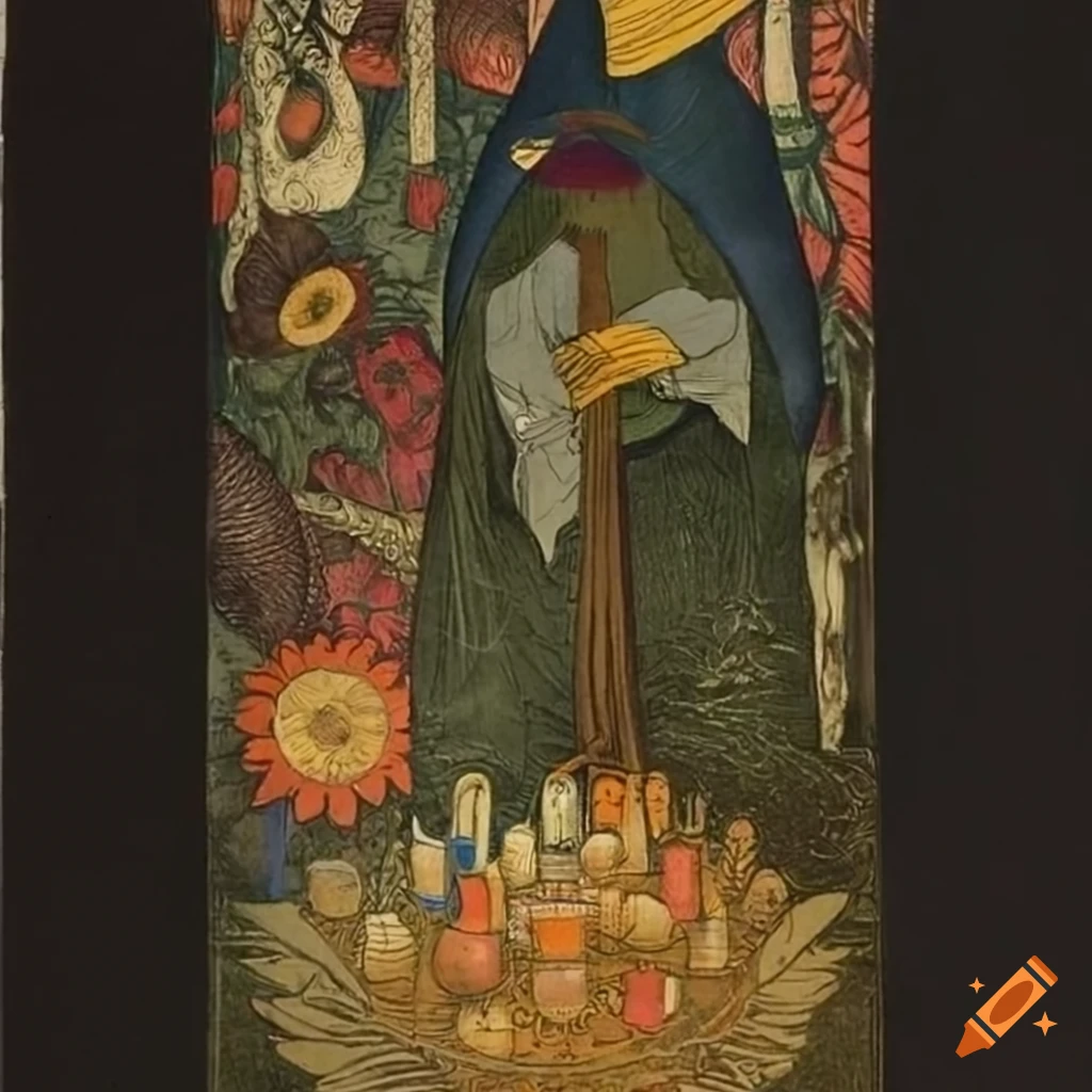 The fool tarot card with intricate norse woodcut background on Craiyon