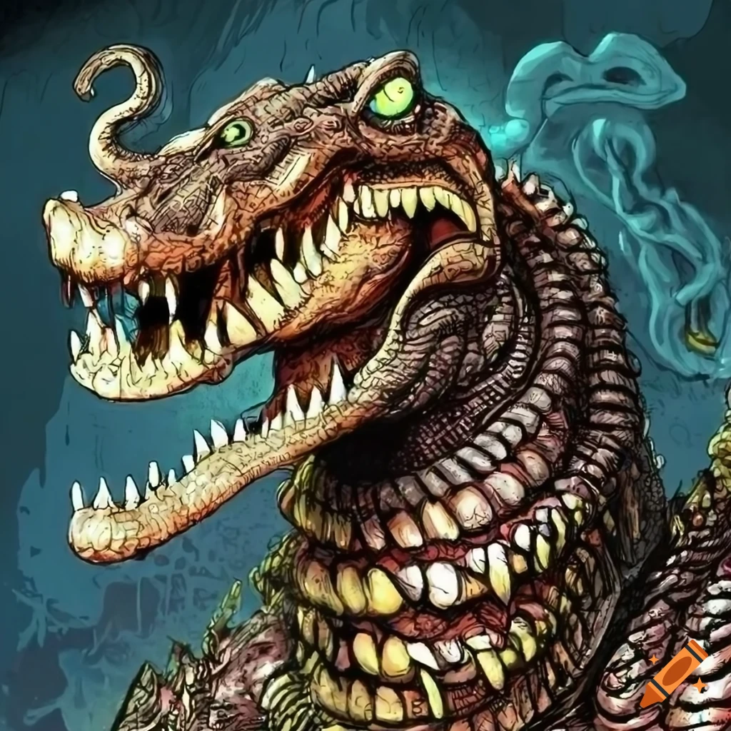 Illustration of a crocodile-head kaiju swamp monster fighting a robot