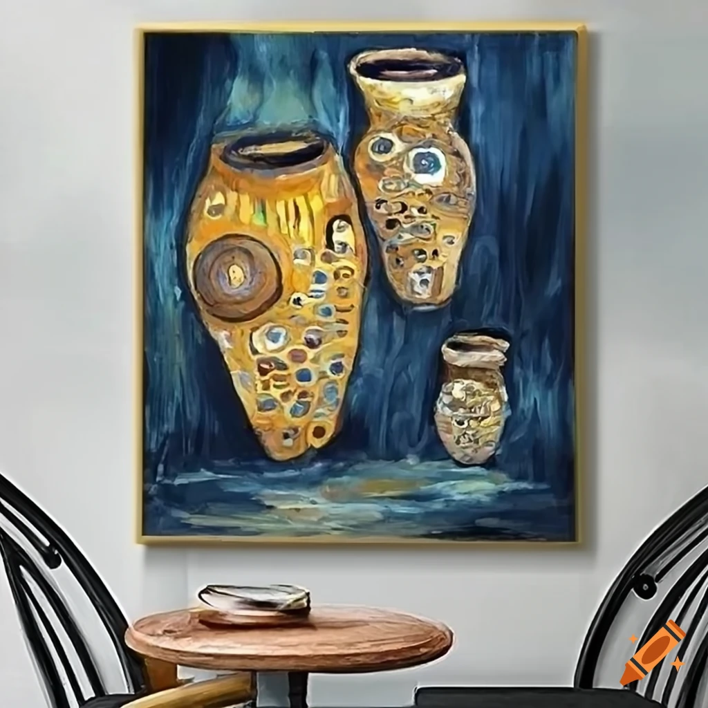 Oil painting of ancient pots in warm and rich colors