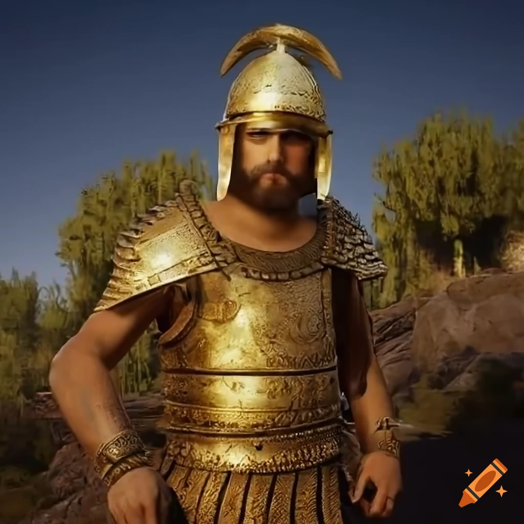 Portrait of a man in ancient etruscan armor and helmet on Craiyon