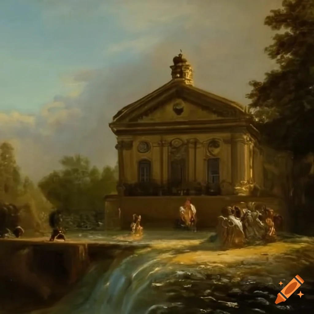 Neoclassical landscape painting with a small house and flowing fountain ...