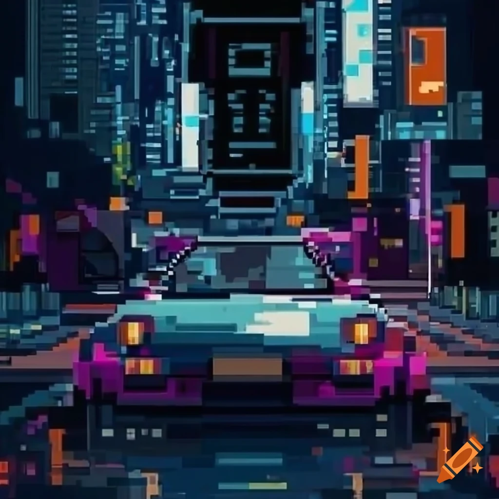 Pixelart and photorealistic Mazda RX-7 on a futuristic city street on ...