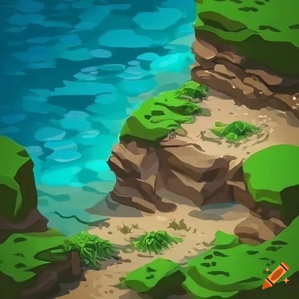 Top down view 2d art of rocky peninsula and sandy beach on Craiyon