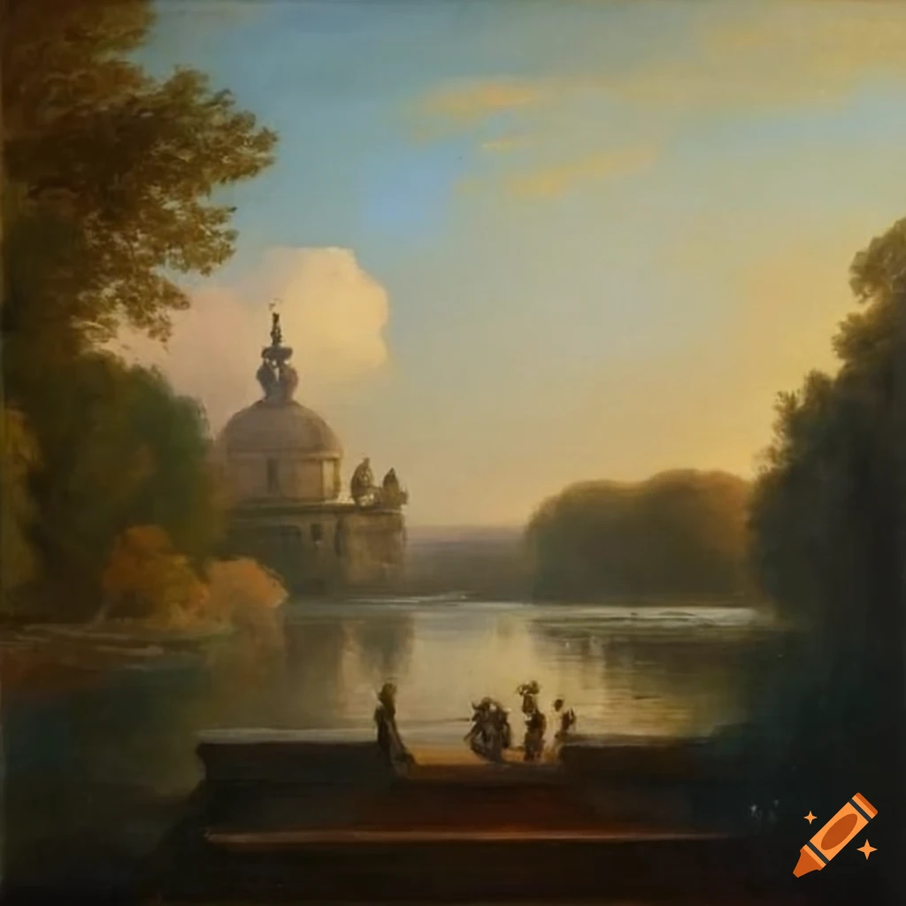 Neoclassical landscape painting with a small house near a fountain on ...