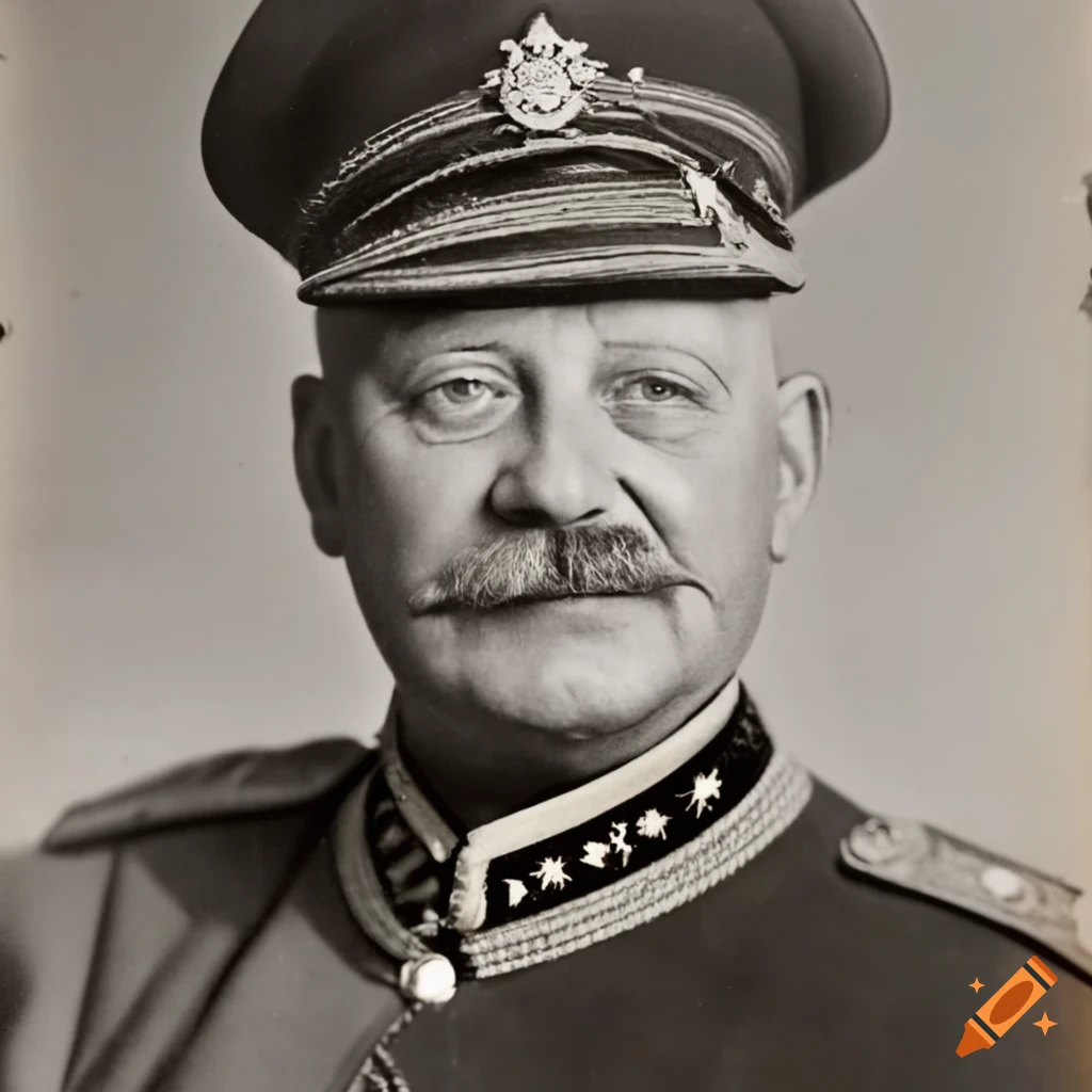 Black and white vintage photo of a decorated Polish general on Craiyon