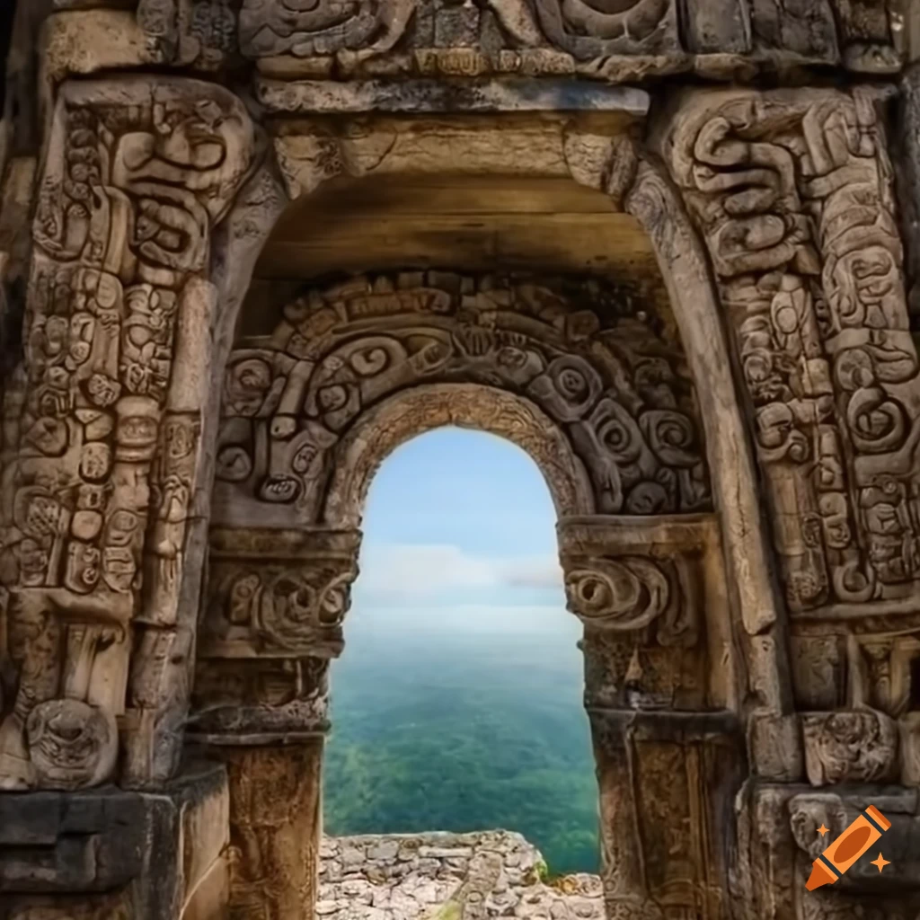 Intricate mayan stone entrance arch on Craiyon