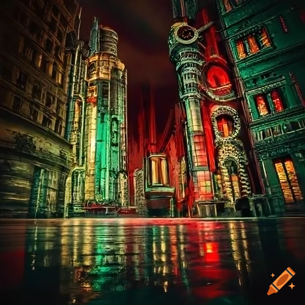 Steampunk cityscape with golden, red and green buildings