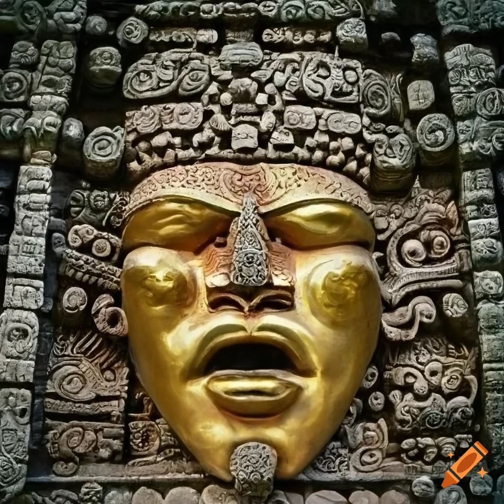 Golden Mask of a Mayan god on a temple door on Craiyon