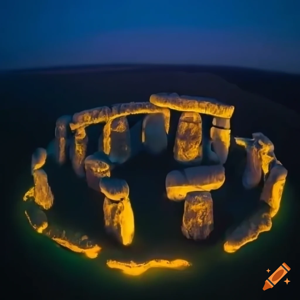 Aerial view of illuminated stonehenge at night on Craiyon