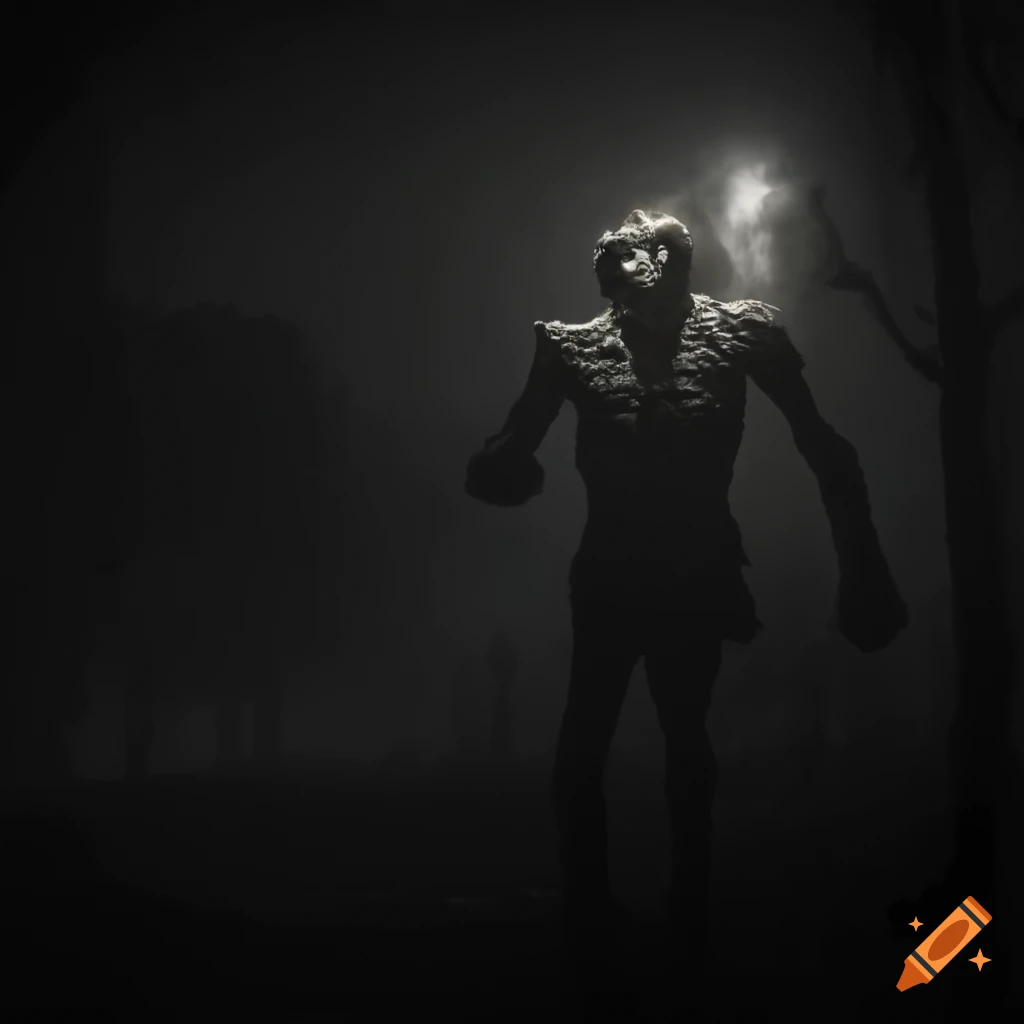 Sinister monster with glowing eyes in a foggy field