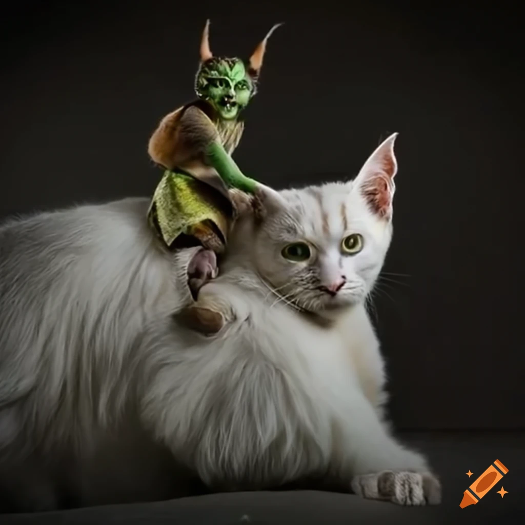 Illustration of a female goblin riding a white feline on Craiyon