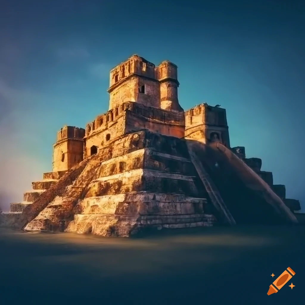 Aerial view of a stone castle with mayan-inspired towers