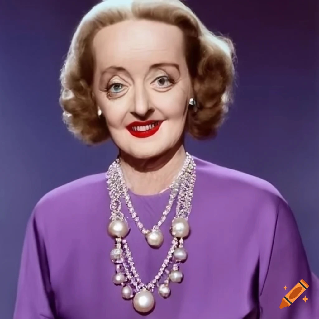 Bette davis wearing a purple dress and pearl necklace on Craiyon