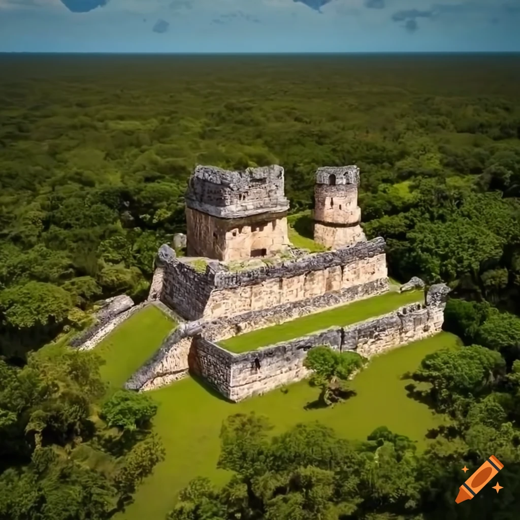 Aerial view of a medieval castle with Mayan-inspired towers on Craiyon