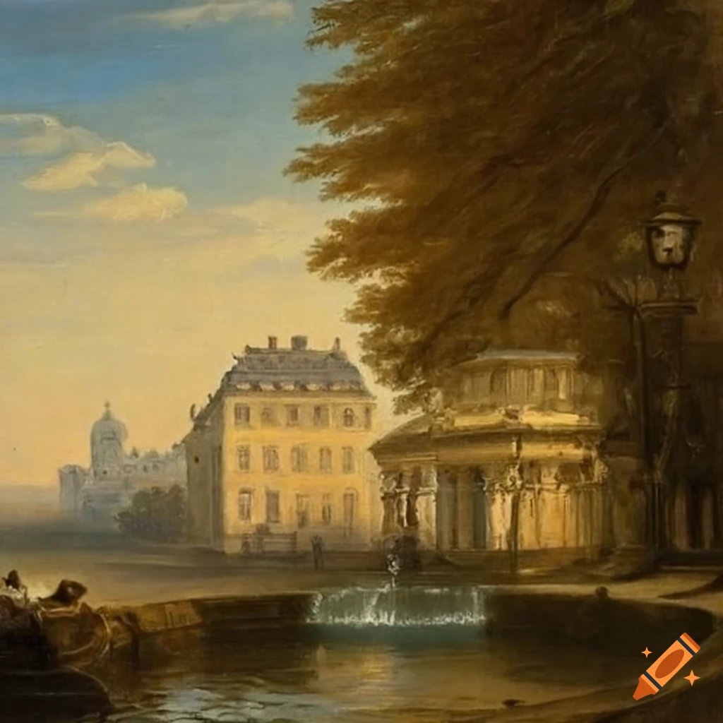 Neoclassical landscape with a white house and fountain on Craiyon