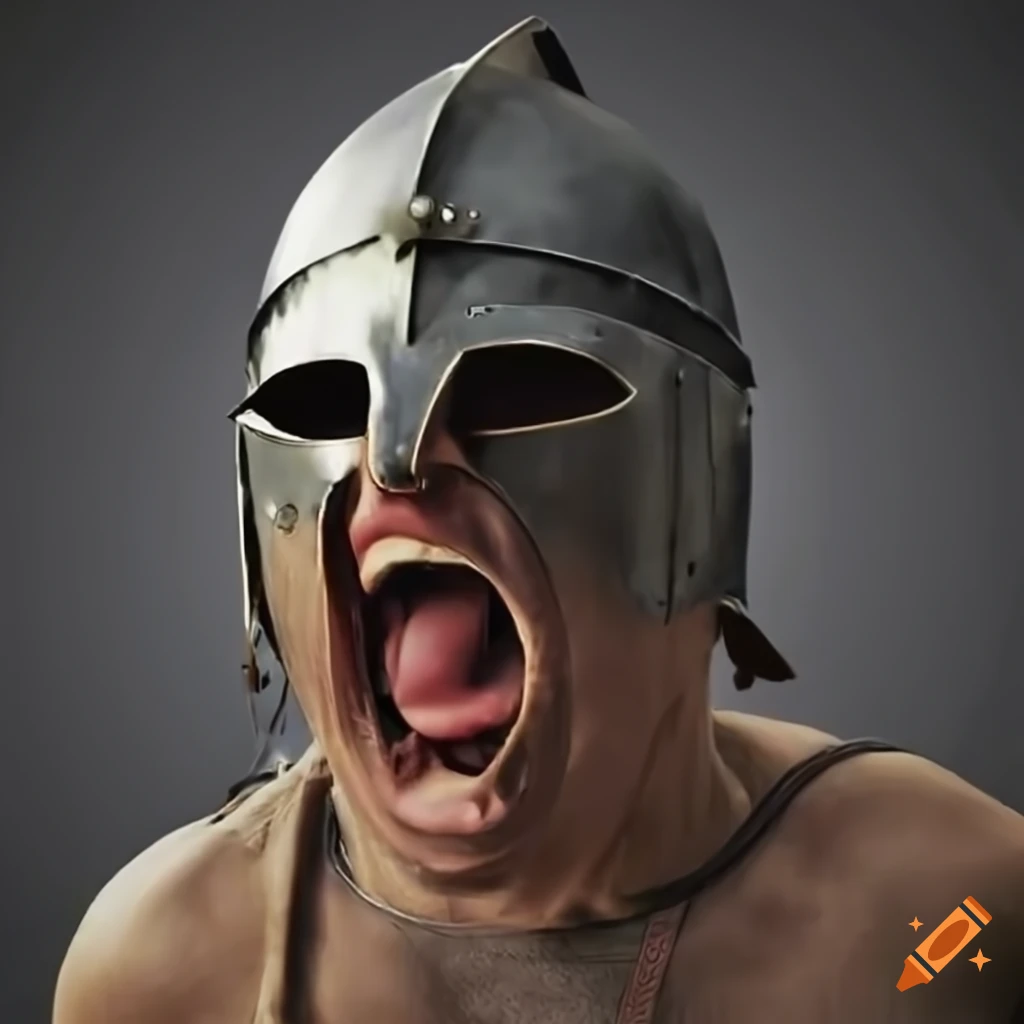 Man yelling in a medieval helmet on Craiyon