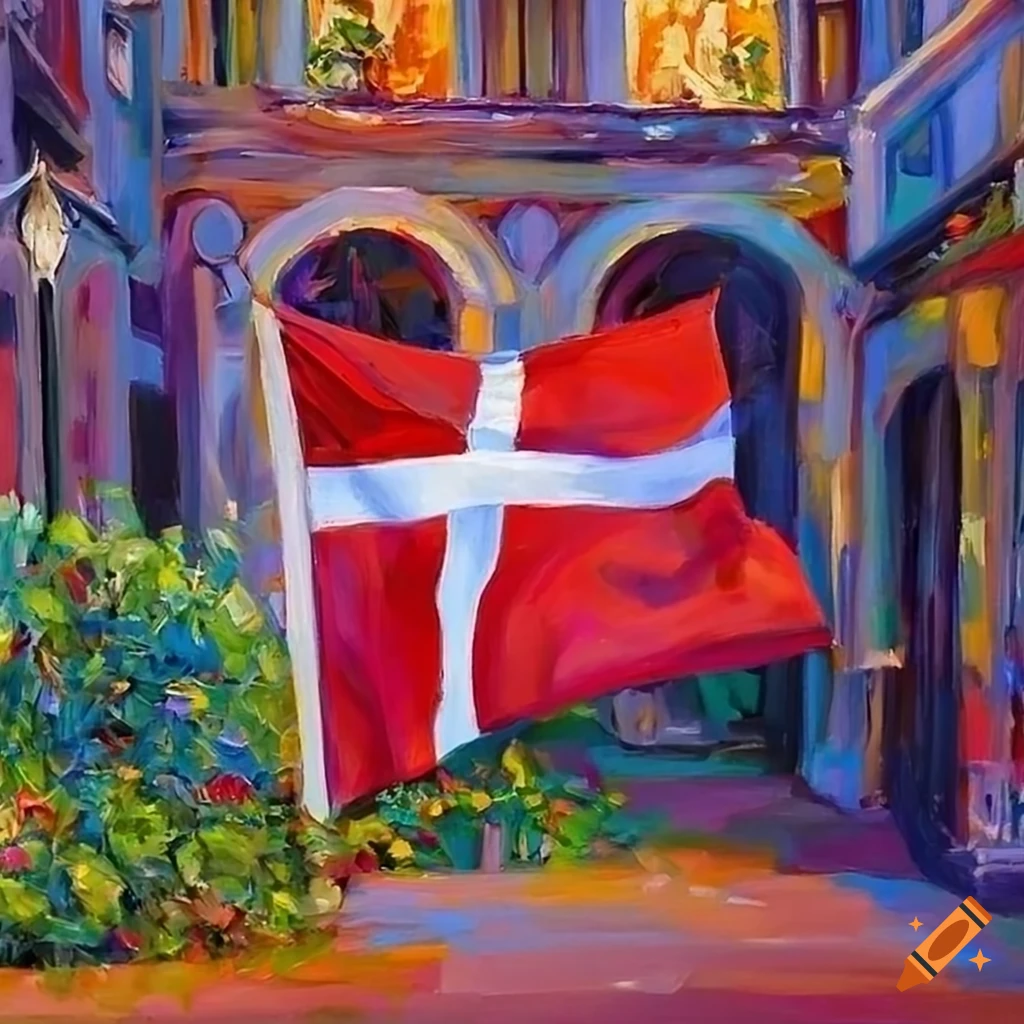Vibrant oil painting of the Danish flag at Tivoli Garden on Craiyon