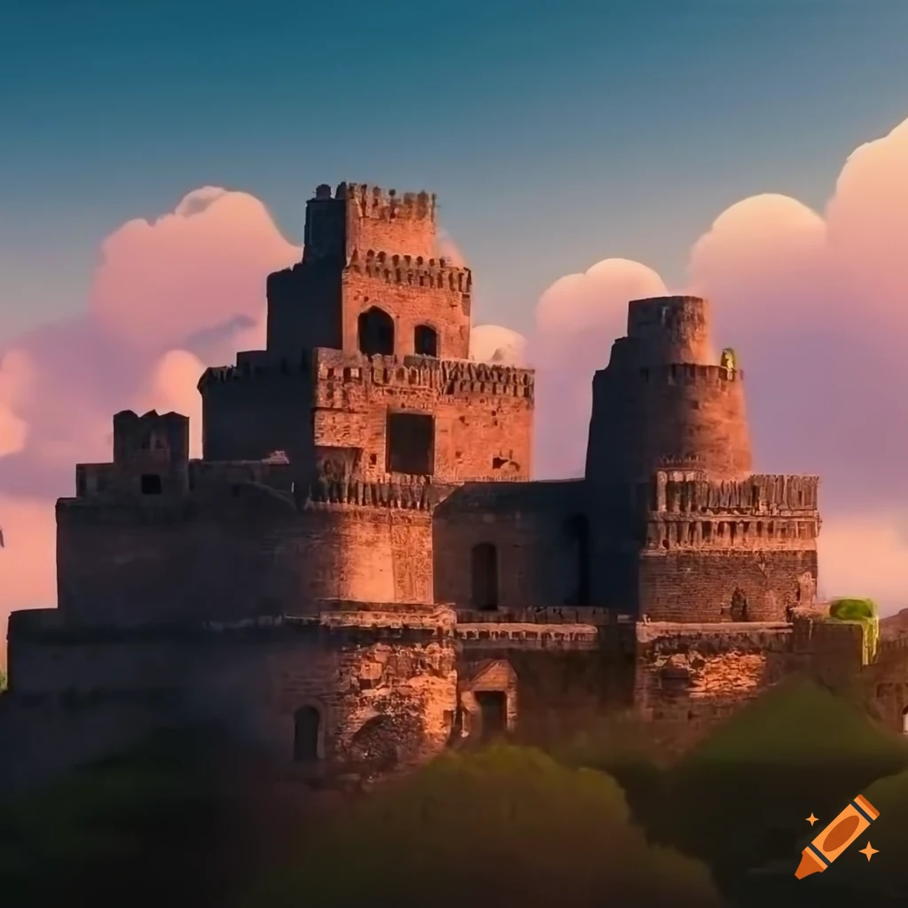 Aerial view of a stone castle with mayan-inspired towers on Craiyon