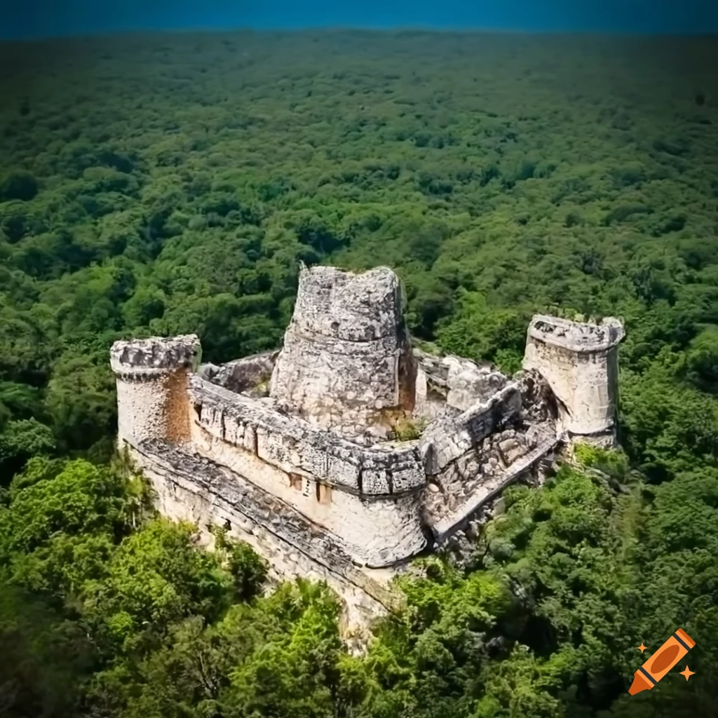 Scenic view of a Mayan-style castle from above on Craiyon