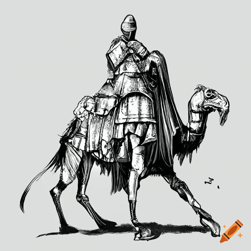 Medieval knight riding a dromedary camel