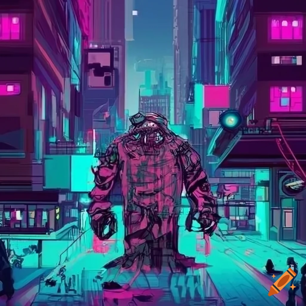 Cyberpunk city scape with futuristic monsters on Craiyon