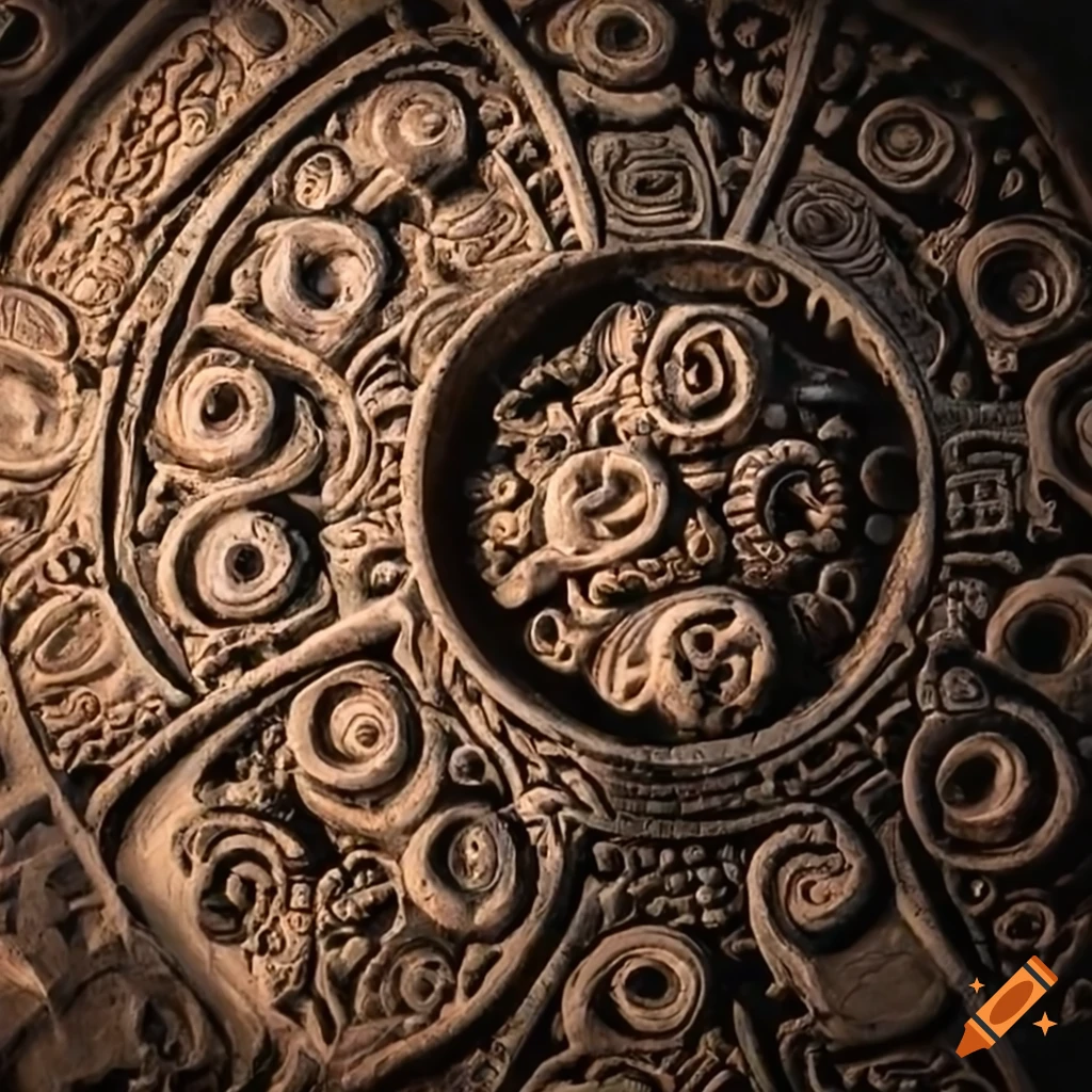 Mayan style stone wheels with intricate hieroglyphs