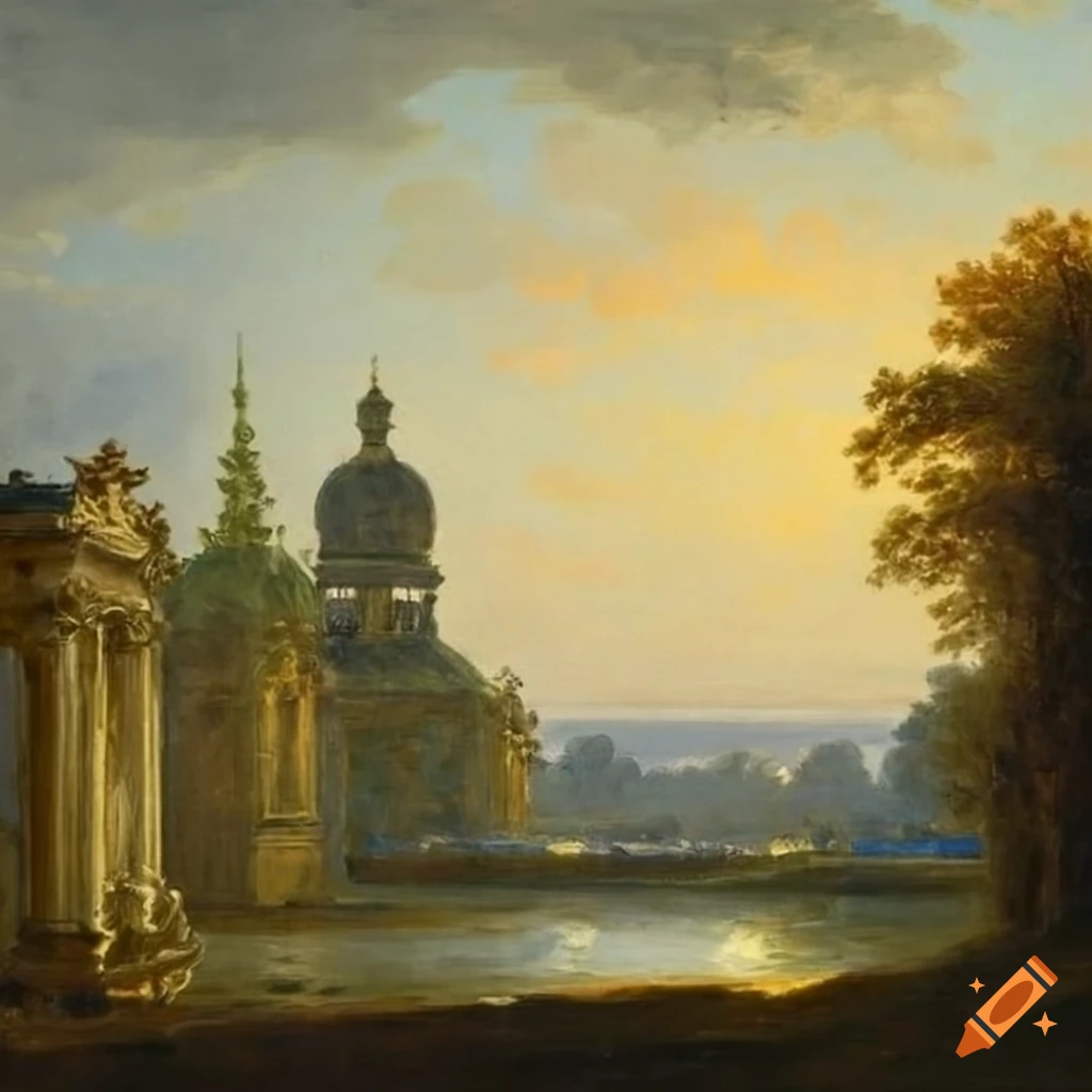 Neoclassical painting of a landscape with a house and fountain on Craiyon