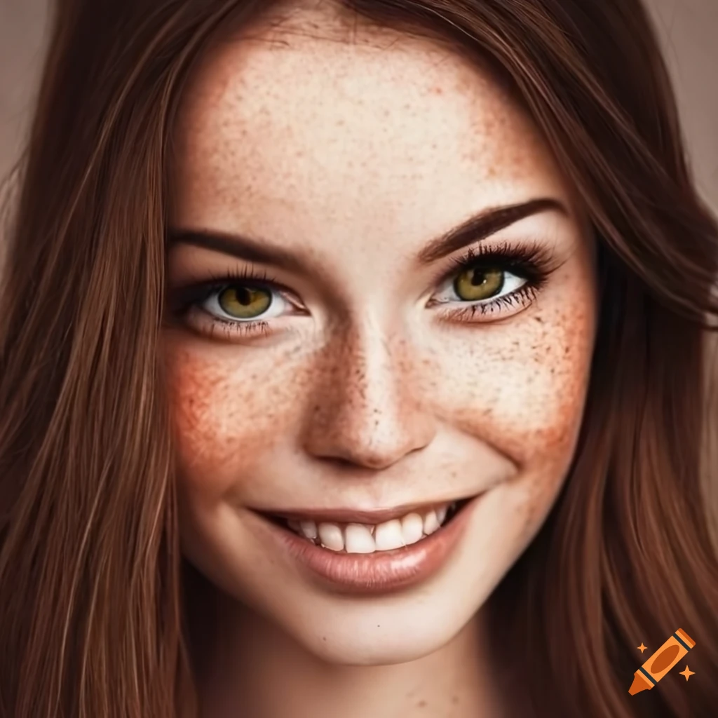 Portrait of a beautiful smiling woman with freckles on Craiyon