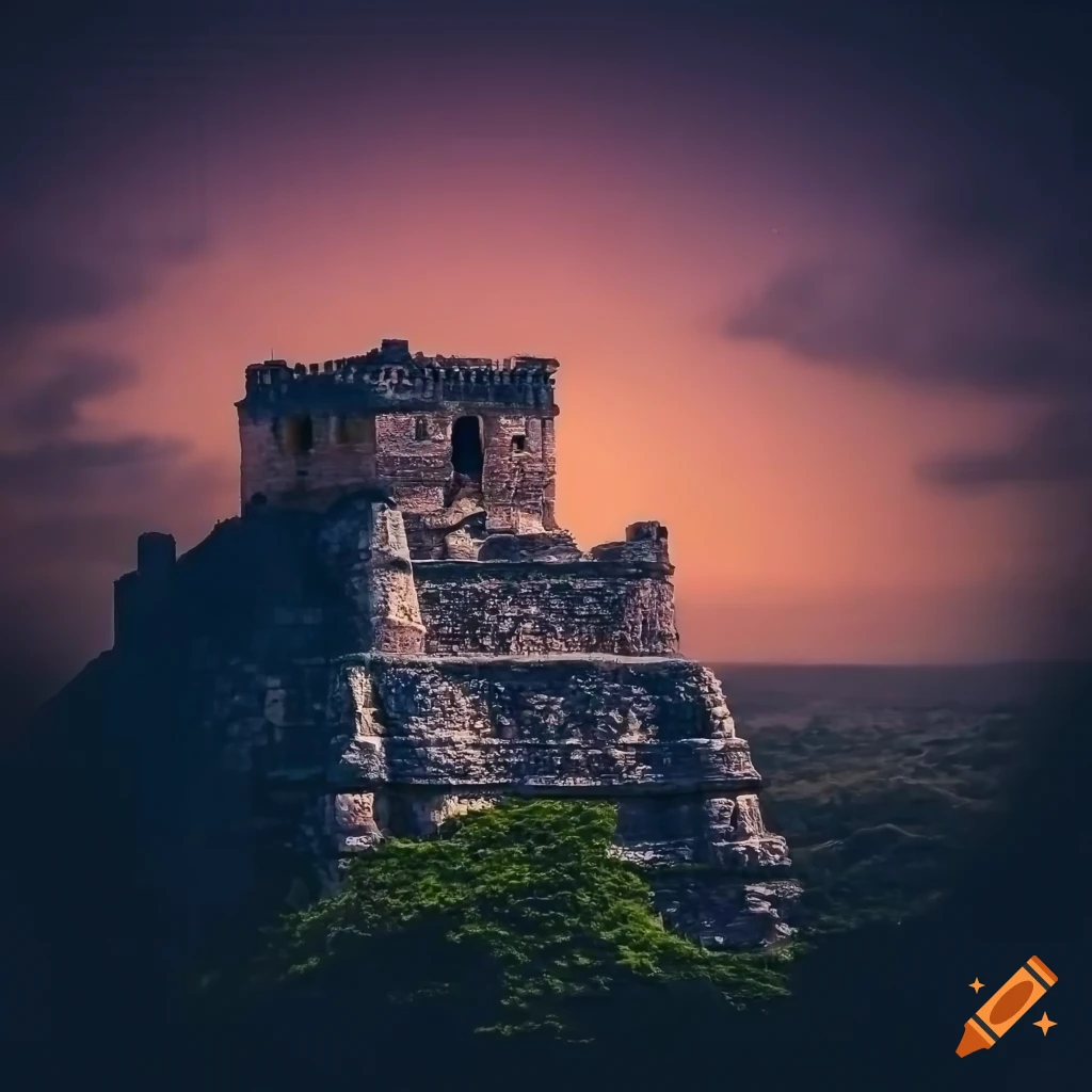 Aerial view of a medieval castle with Mayan-inspired towers on Craiyon