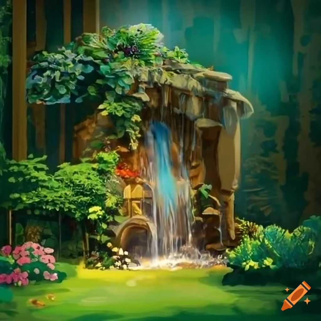 Picture of a charming garden house with a waterfall