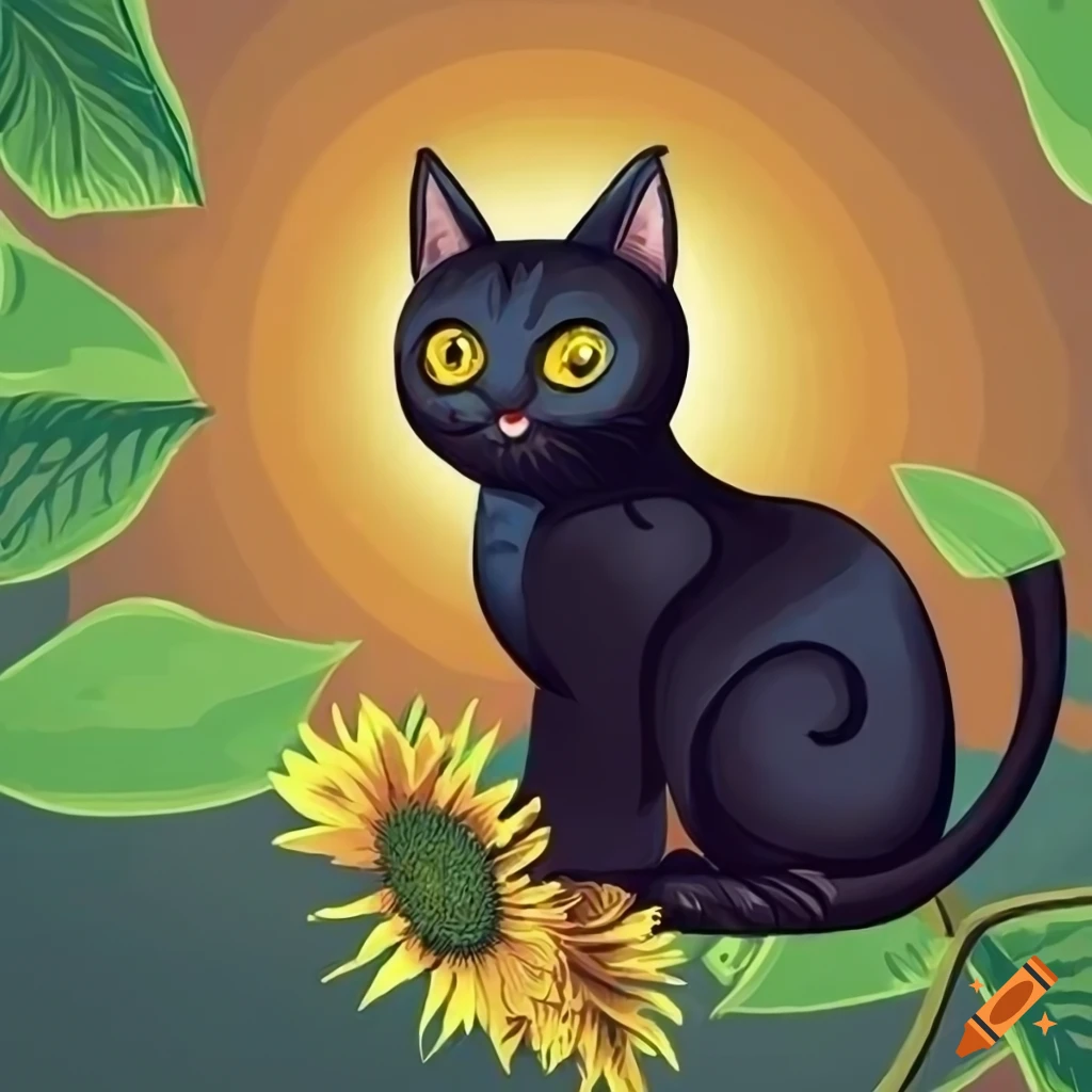 Cartoon black cat with sunflowers on Craiyon