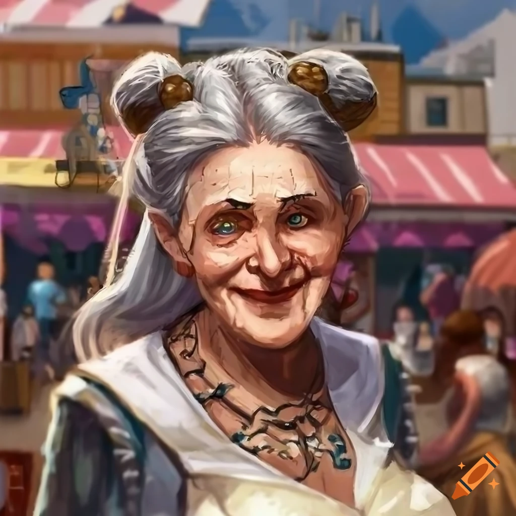 Dnd art of an enchantress in a busy town square on Craiyon