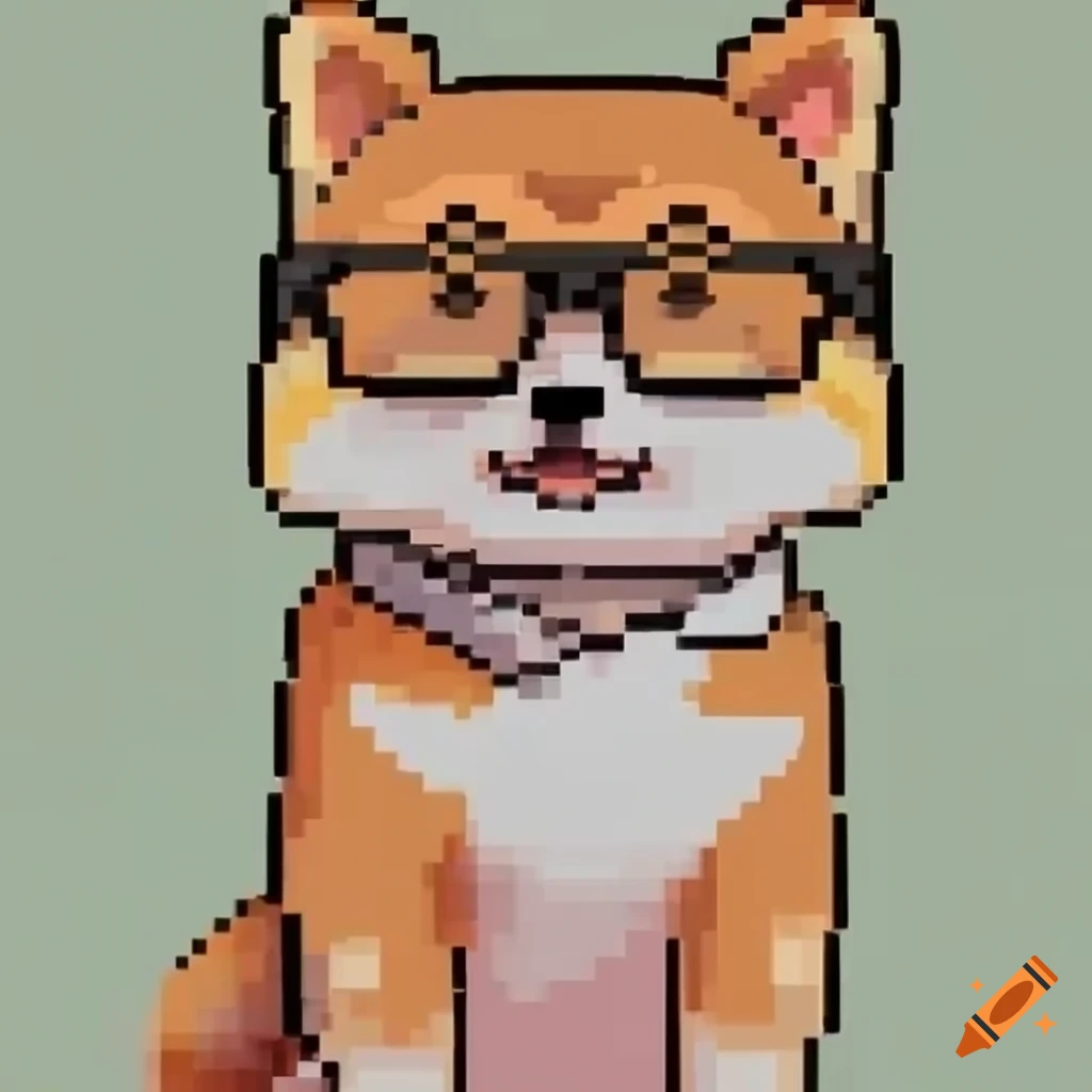 Pixel art of a cute shiba inu wearing glasses