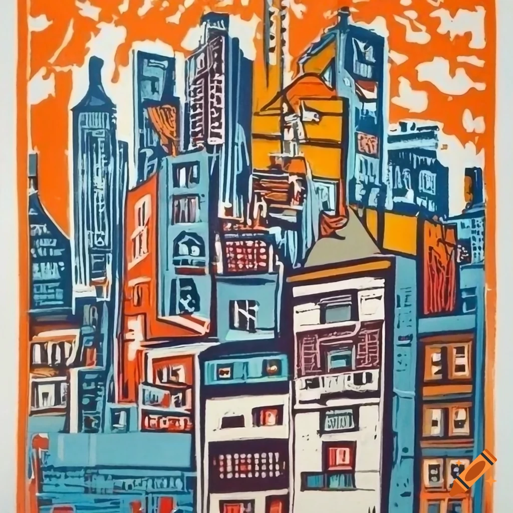 Lino print cityscape with colorful flying machines on Craiyon