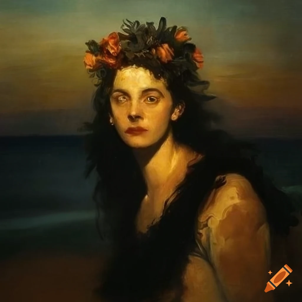 Dark portrait of a naiad at sunset on the beach on Craiyon