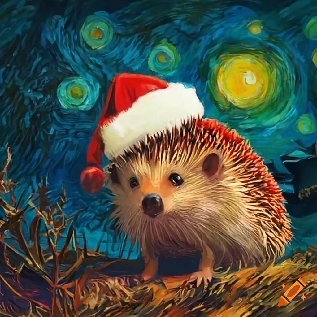 Hedgehog opening presents under a van gogh style christmas tree in 4k ...