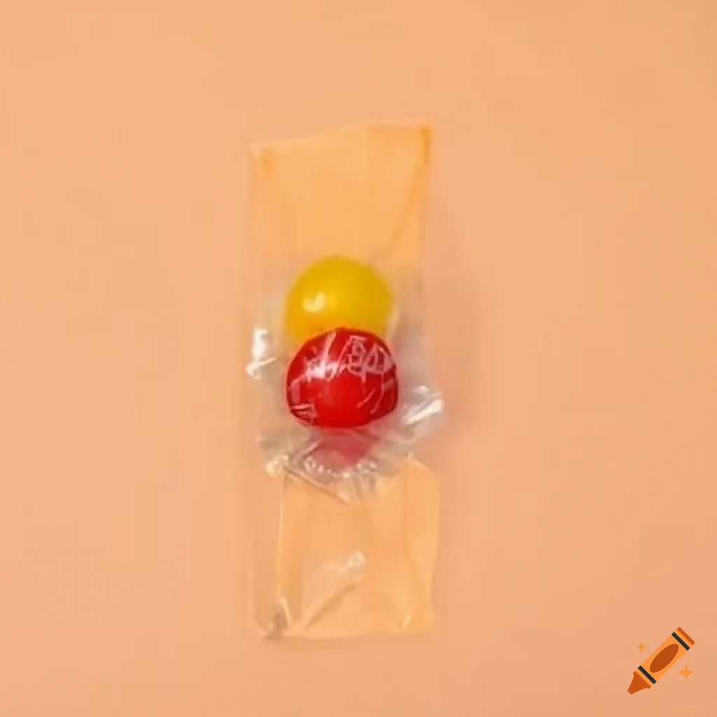 Close-up of a colorful M&M candy in a transparent wrapper on Craiyon
